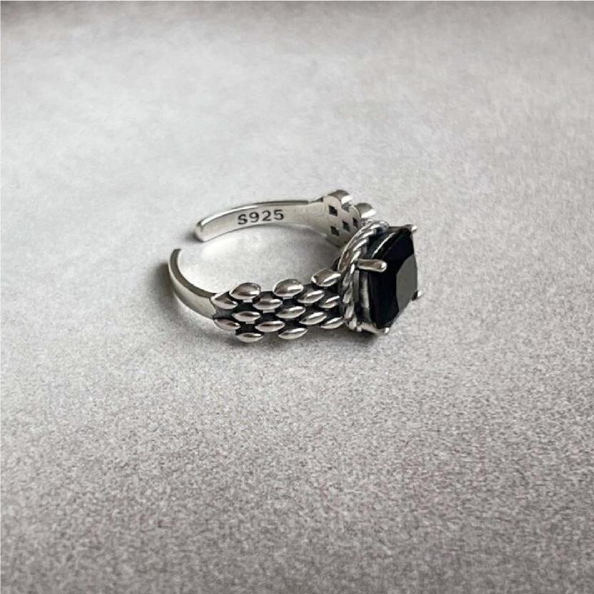 925 Sterling Silver Black Crystal Retro Chain Adjustable Ring Womens ...