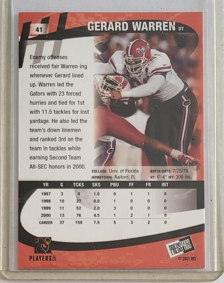 2001 Press Pass Blue #41 Gerard Warren Florida Gators Football Card | eBay