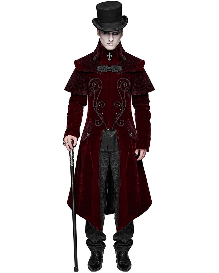 Devil Fashion Mens Long Gothic Coat Jacket Red Velvet Damask Steampunk ...
