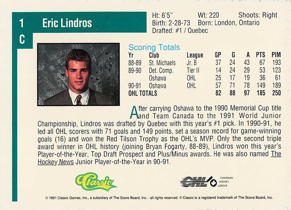 Eric Lindros Rookie Premiere Classic Edition 1991 Hockey Card #1 | eBay