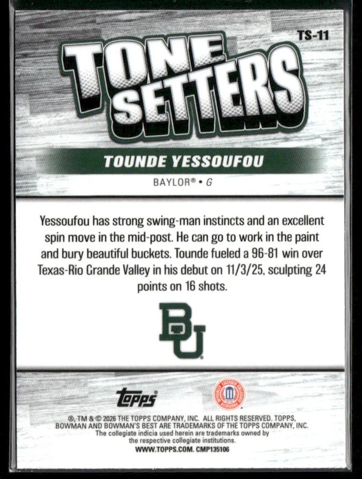 2025-26 Bowman University's Best Tone Setters Tounde Yessoufou Yellow ...