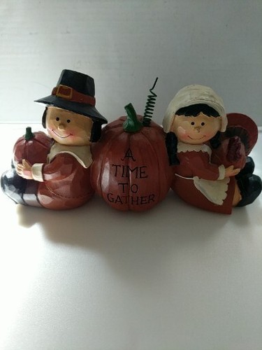 Cute Thanksgiving Pilgrims Figure W/Pumpkin & Turkey “A Time To Gather ...
