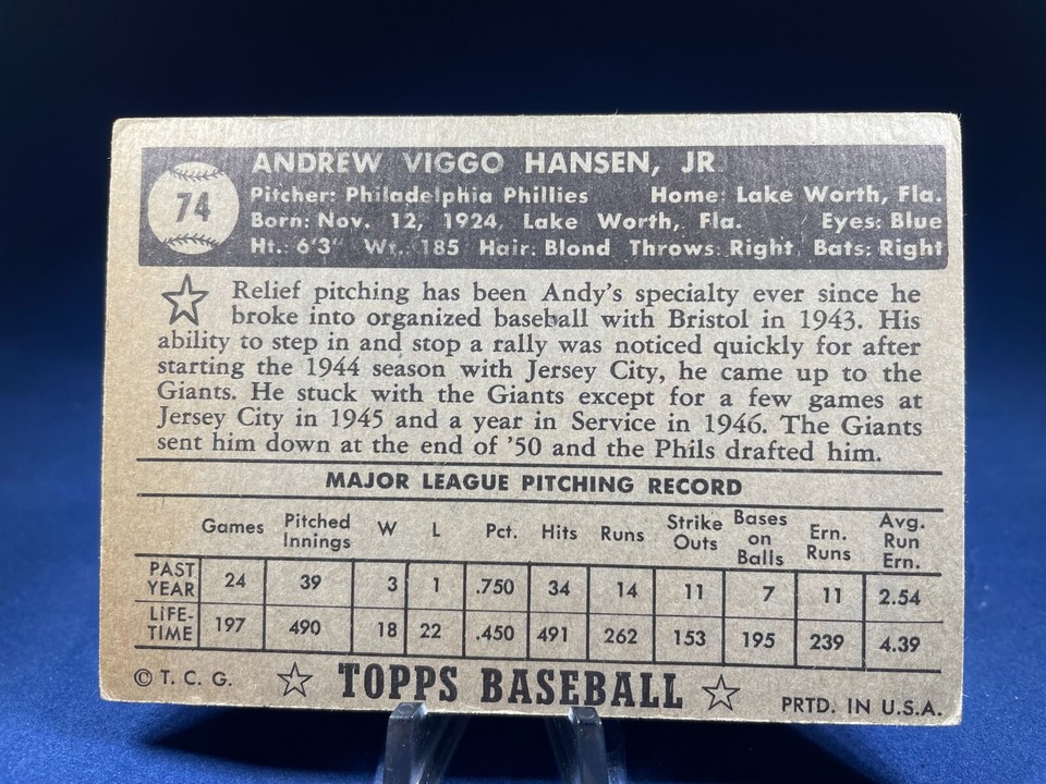 1952 Topps Baseball Card Andy Hansen #74 Philadelphia Phillies | eBay