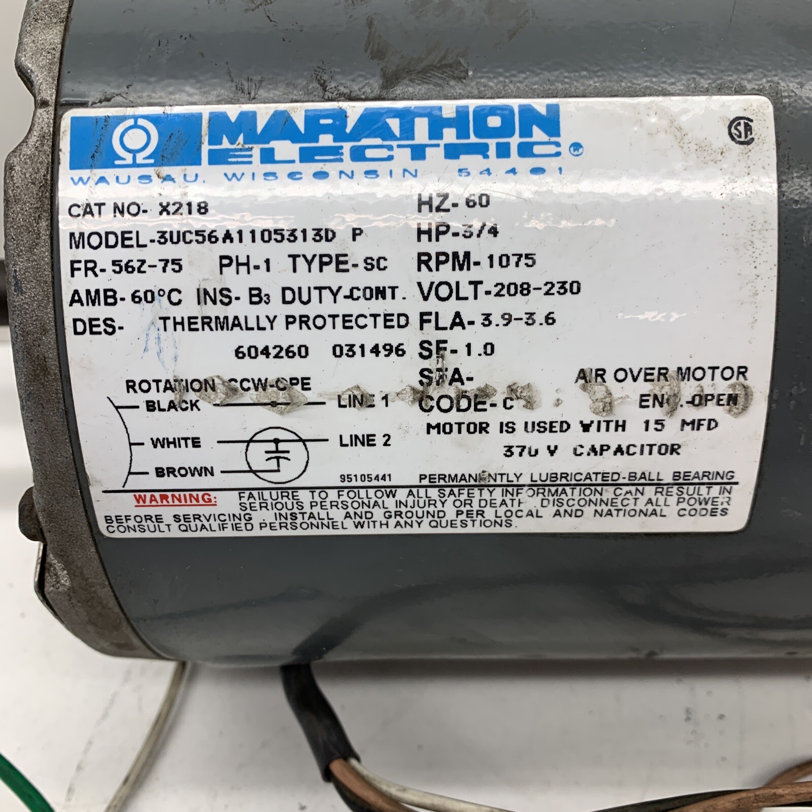 Marathon Electric X218 Air Over Motor 3/4HP 1075RPM 208-230V 60hz 1PH ...