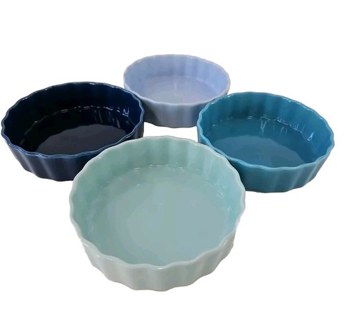 4 Flan Crème Brulee Ramekins 4.5" Gradiant Blue Round Fluted Dishes ...