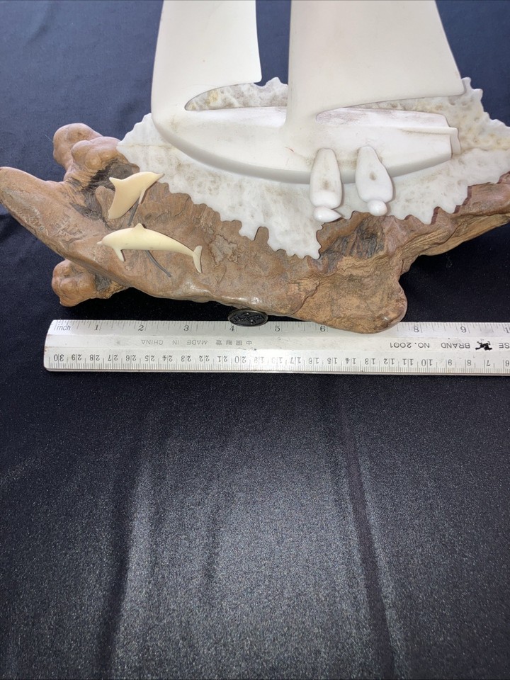 John Perry Sail Boat & Dolphin Sculpture on Burl Wood Approx 11 Wide 10 ...