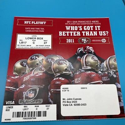 2011 NFC Championship Giants 49ers Unused Full Ticket Stub RARE Season ...