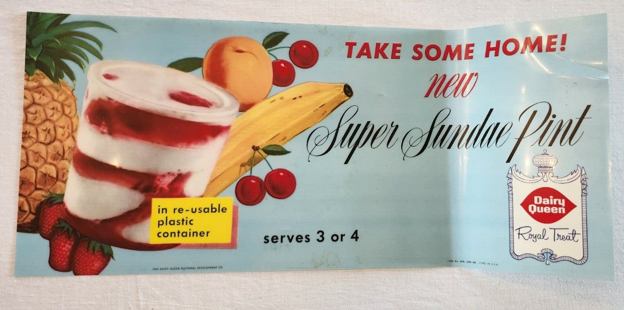Vintage 1960 Dairy Queen DQ Super Sundae Pint Lighted Sign Insert 21" x ...