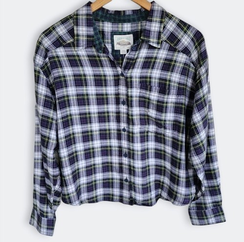 Ae Cozy Cropped Tartan Flannel Blue Plaid Elbow Patches Womens Medium M ...