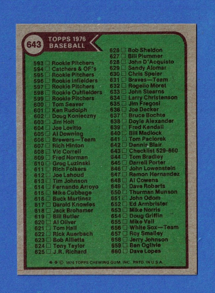 1976 Topps #643 Baseball Checklist 529-660 NM-MT | eBay