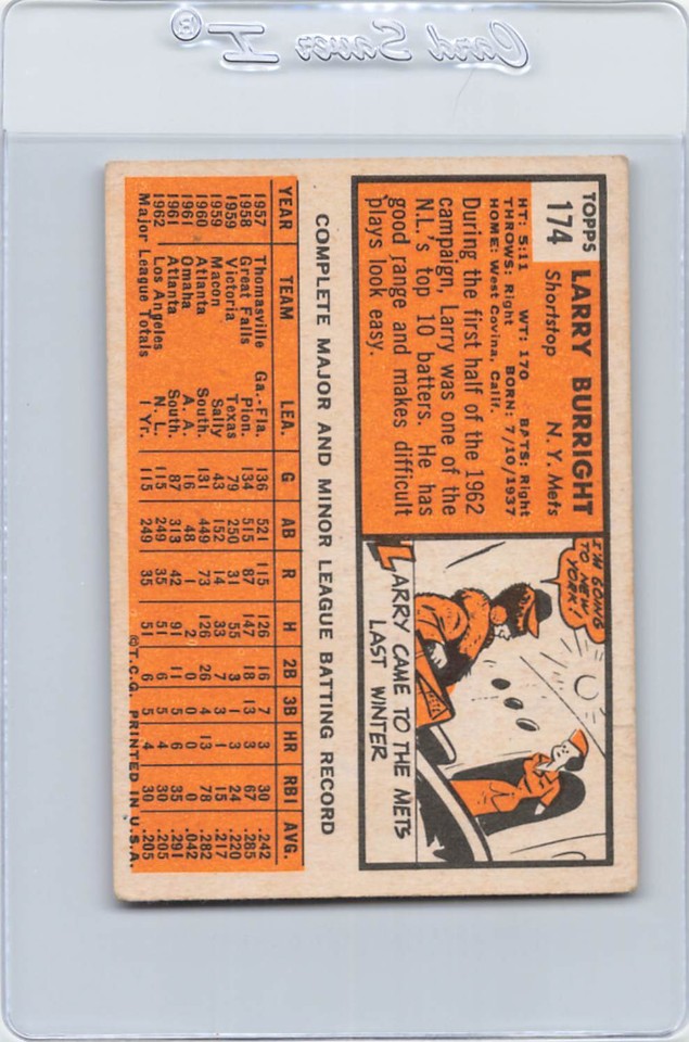 1963 Topps #174 Larry Burright Mets VG/EX *DA-C2448 | eBay