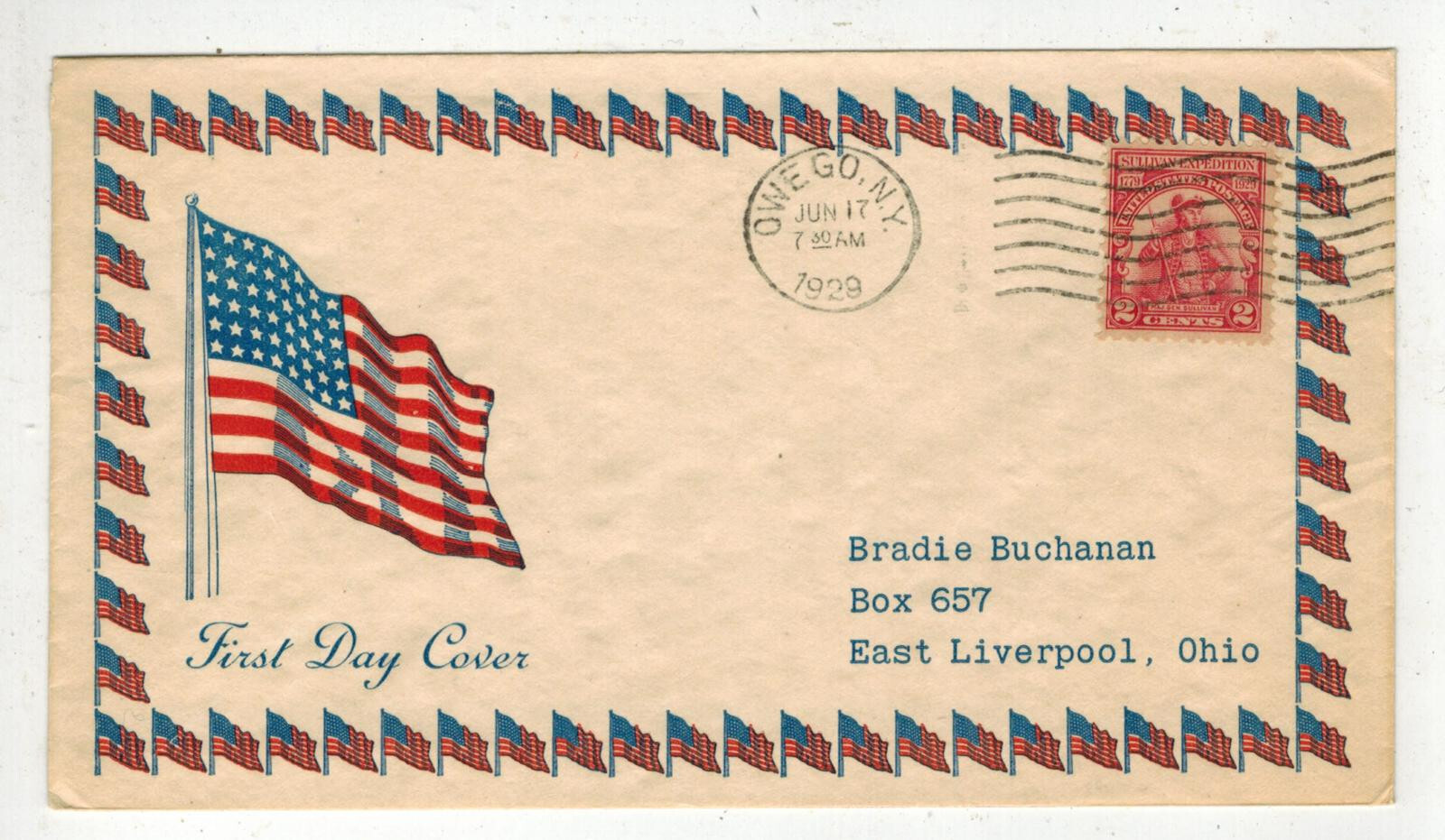 1929 OLD FIRST DAY COVER MJR GEN SULLIVAN EXPEDITION 657-43 BUCHANAN ...