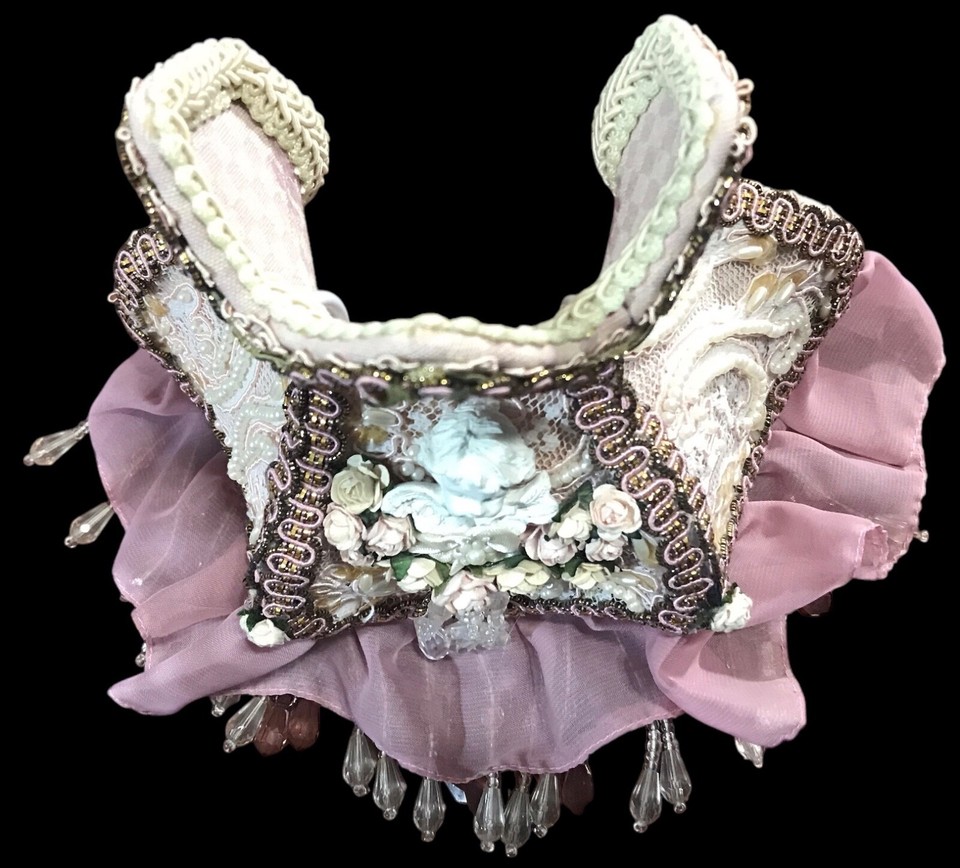 Fabric~Beaded Victorian Night Light Lamp Shade~Wall Plug~Fringe~Ornate ...
