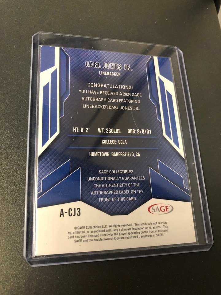Carl Jones Jr. 2024 Sage Black Auto ~ # A-CJ3 ~ RC UCLA Bruins Chicago ...