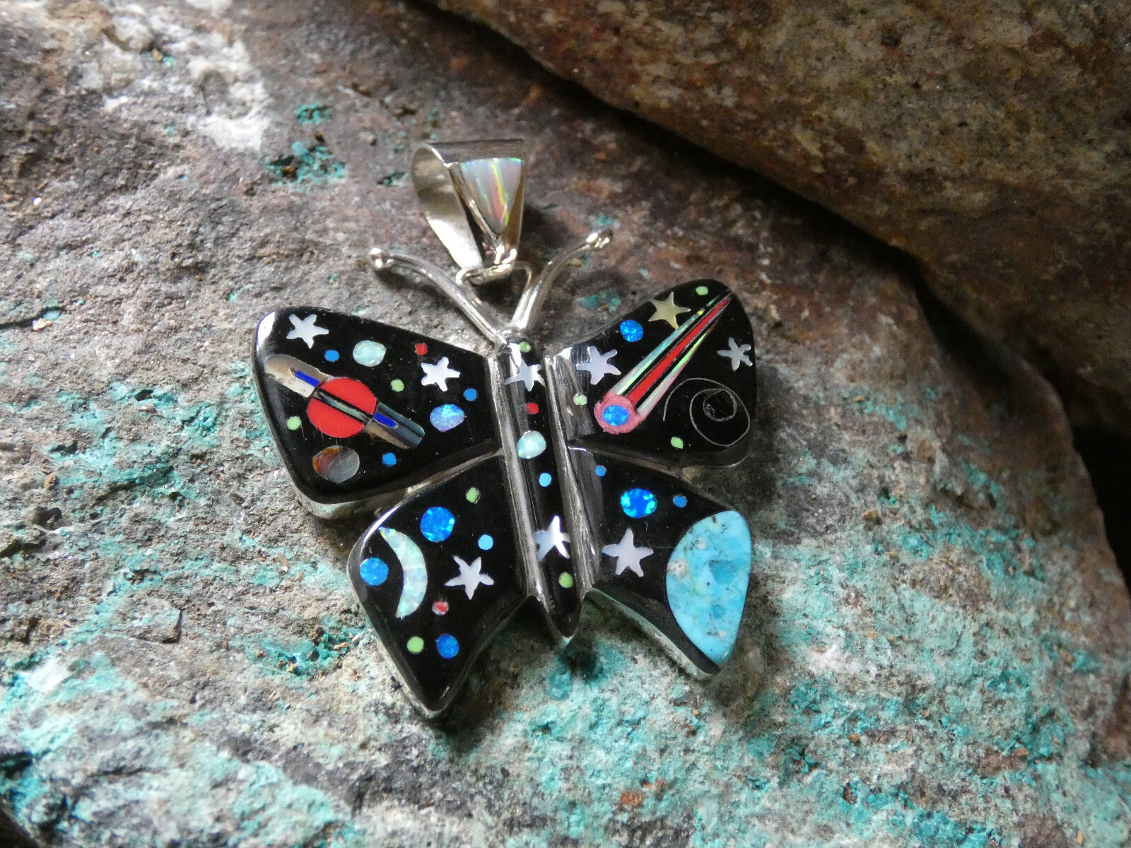Butterfly Stars Moon Earth Sterling Silver 925 Gemstone Micro Inlay ...