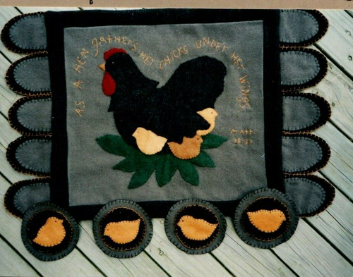 Hen & Chicks Table Set Wool Mat & Coasters Pattern Primitive Folk Art ...