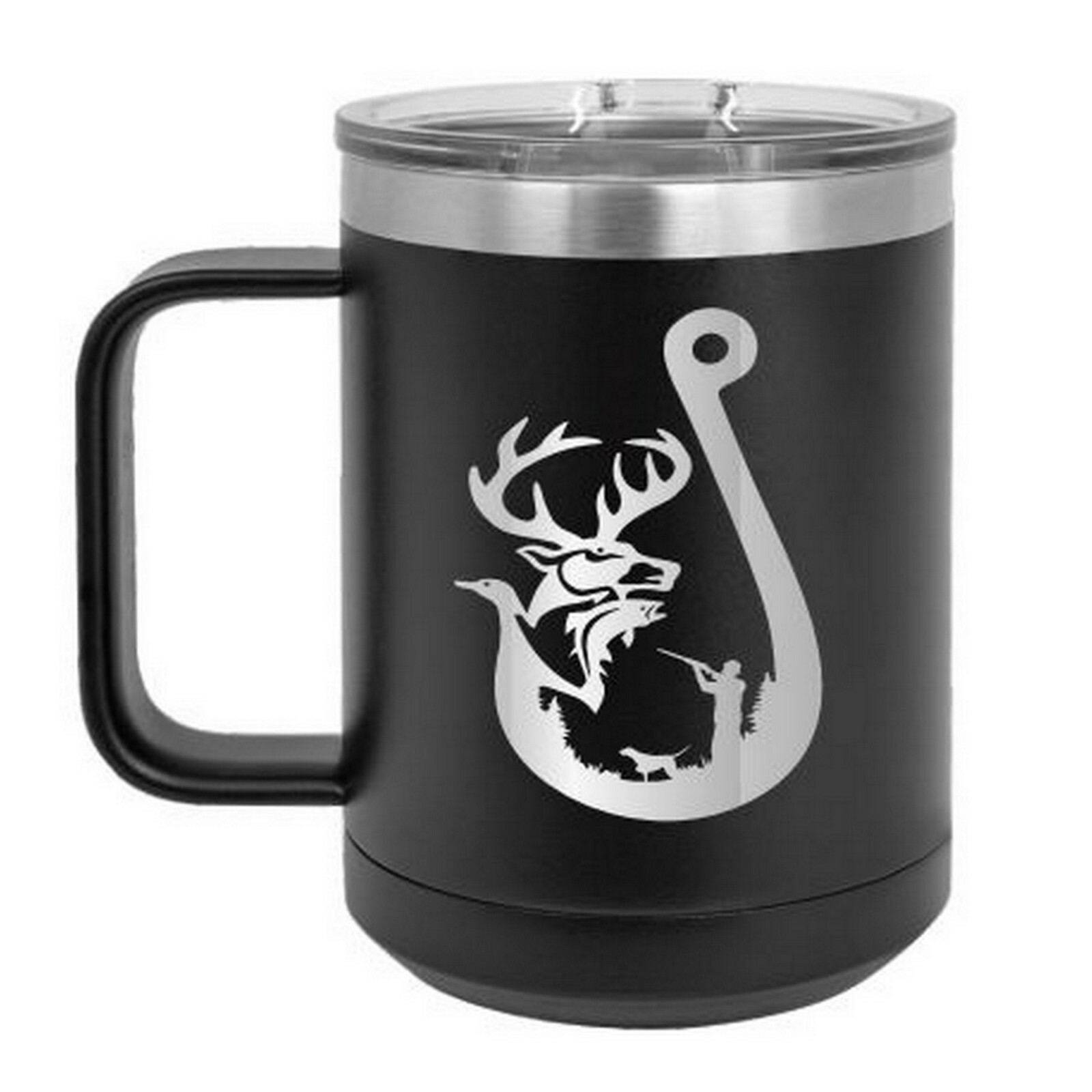 BUCK FISHING HOOK ENGRAVED 15 oz DOUBLE WALL INSULATED CUP MUG HUNTING ...