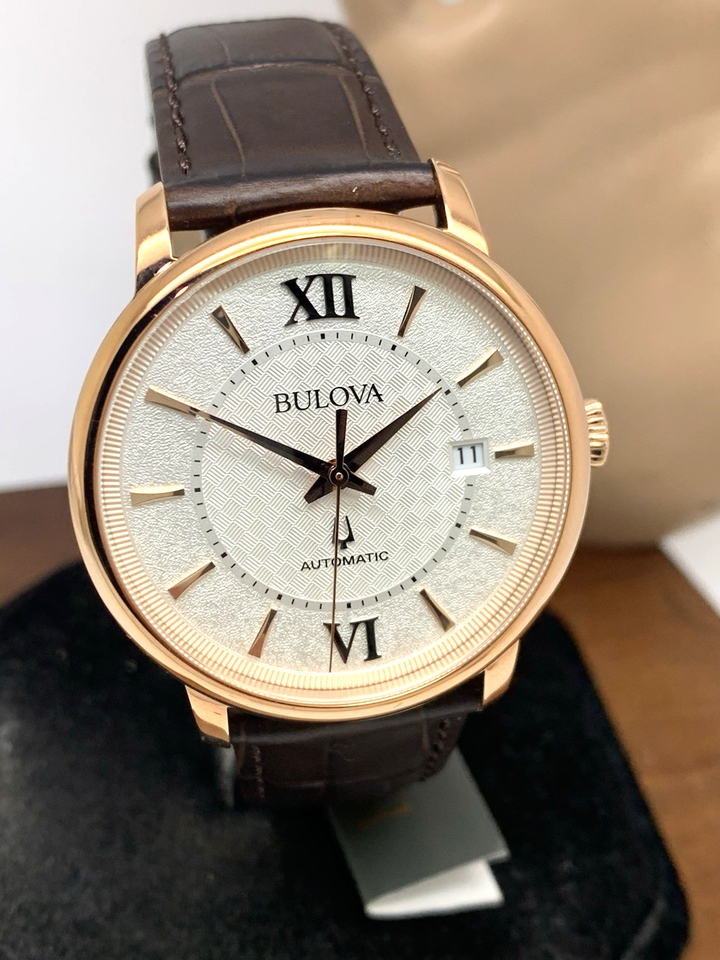 Bulova Men's Watch 97B225 Hudson Automatic Rose Gold Brown Leather ...