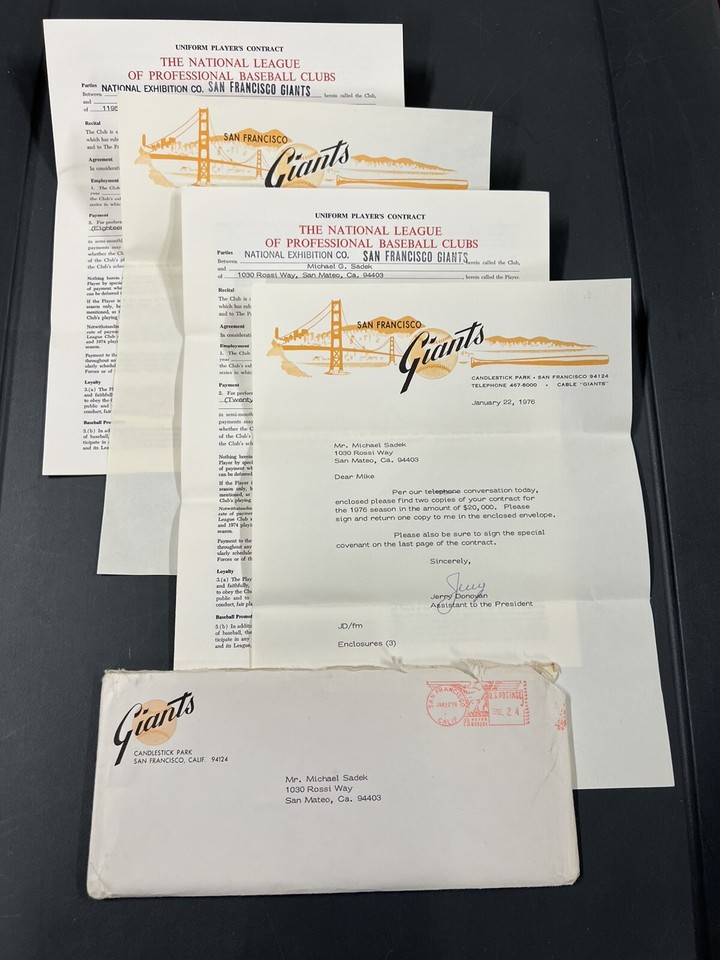 1976 National League SF Giants $18K + $20K Signed Player Contract ...