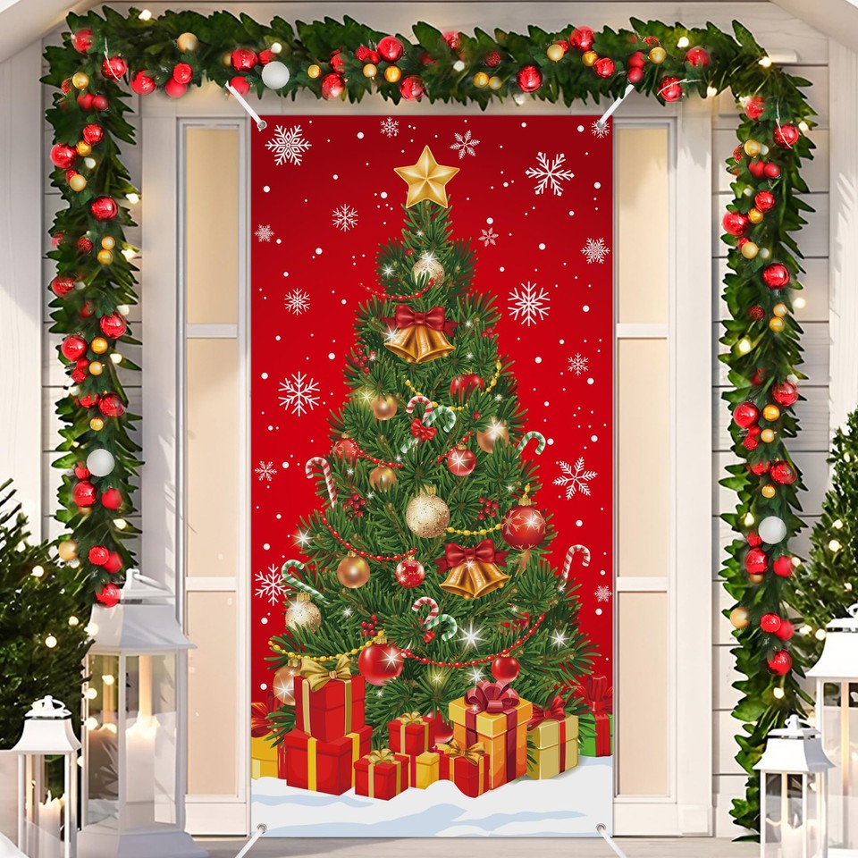 Christmas Decorations Trees Snowflakes Gifts Red Door Cover Banner 35.4 ...