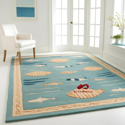 Coastal Beach Theme Area Rug 8x10 | Hand-tufted Wool Home Decor Carpet ...