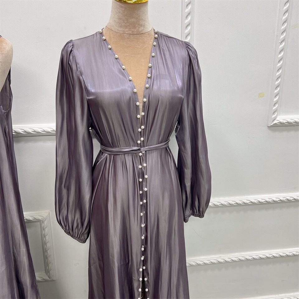 Open Cardigan Women Muslim Satin Abaya Dress Two Piece Set Modest Robe ...