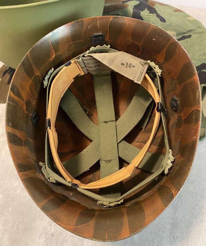 US Military Late M1 Helmet, Insert and Woodland Camo Vintage Post ...