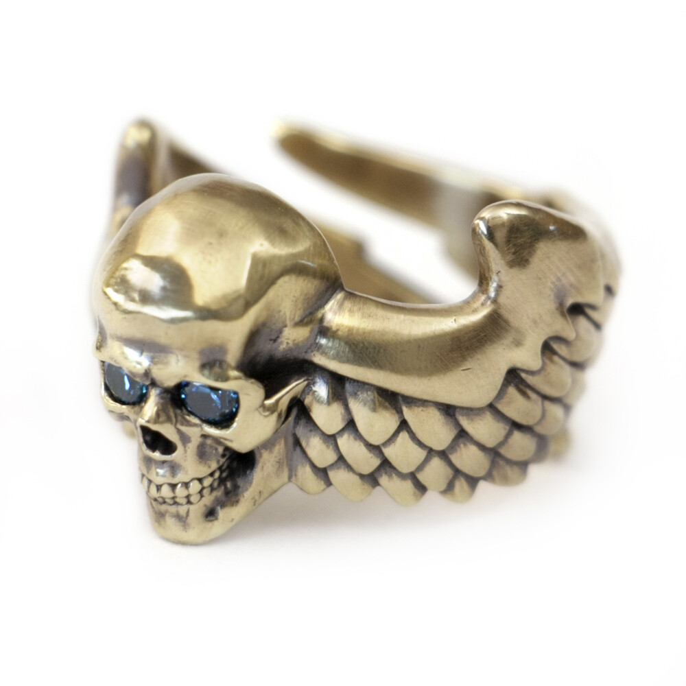 Blue CZ Eyes Brass Flying Skulls Wing Charms Ring BR446B UK Size L½~Z5 ...