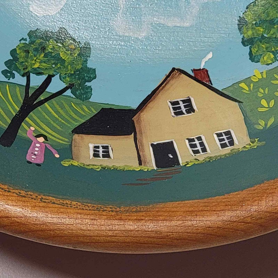 Hand painted wood bowl folk art Adah Edwards, 1990, farm scenes | eBay