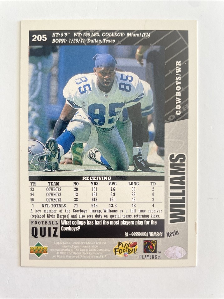 1996 Upper Deck CC Kevin Williams Autographed Card #205 Cowboys A-318 ...