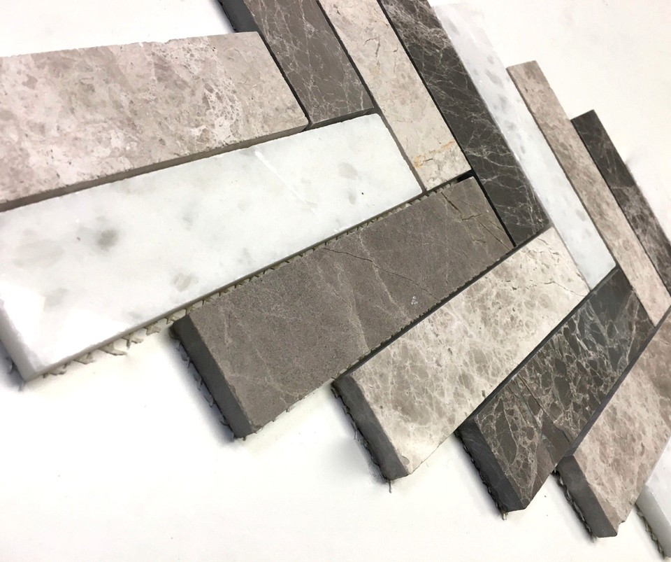 Carrara Gray Mix 9x19 Herringbone Marble Large Mix Mosaic Wall and ...