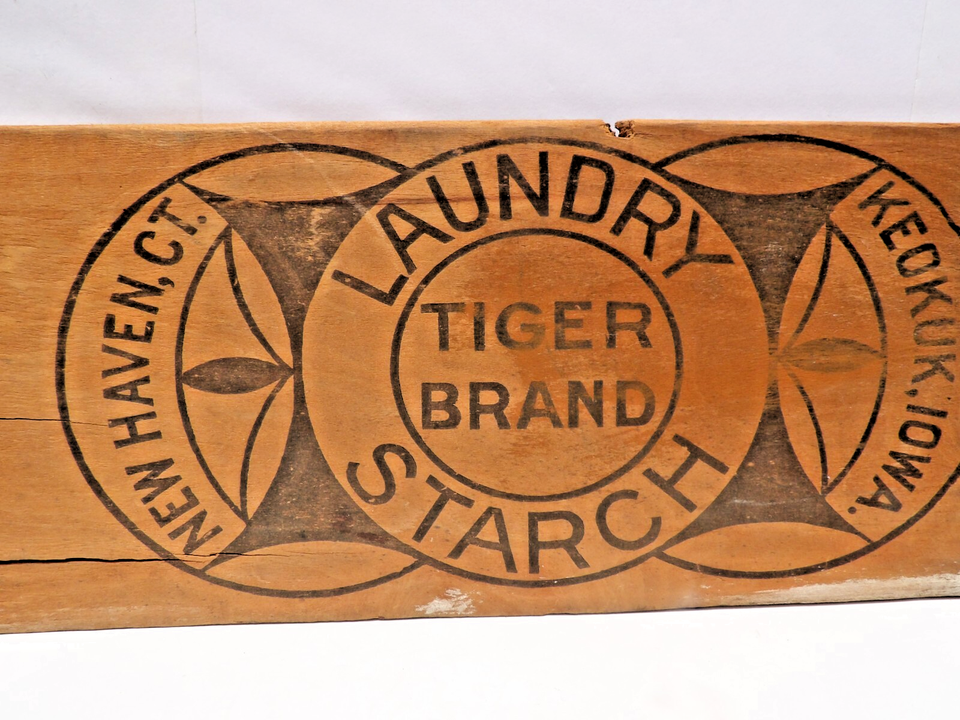 ORIGINAL wood TIGER BRAND LAUNDRY STARCH advertising sign KEOKUK & NEW ...