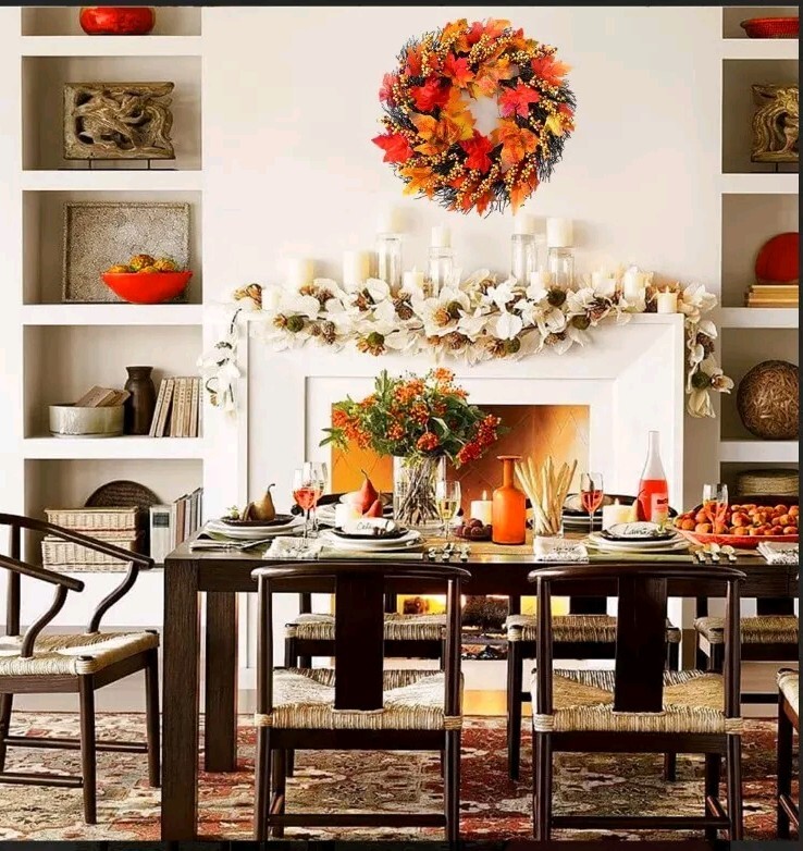 17.5" Fall Wreath, Centerpiece Yellow & Red Leaves, Berries, Maple ...