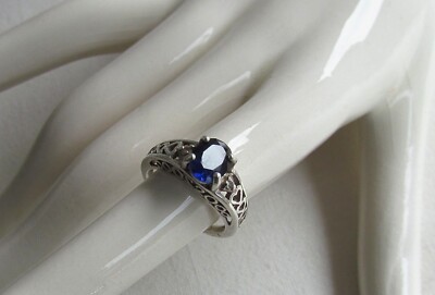 Vtg Art Deco Style Heart Filigree Blue Sim Sapphire Ring 925 Sterling ...