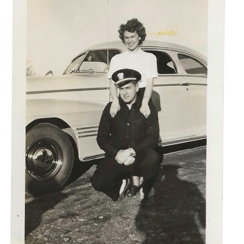 Vintage Snapshot Photo Smiling Couple by Pontiac Car Man in Uniform ...