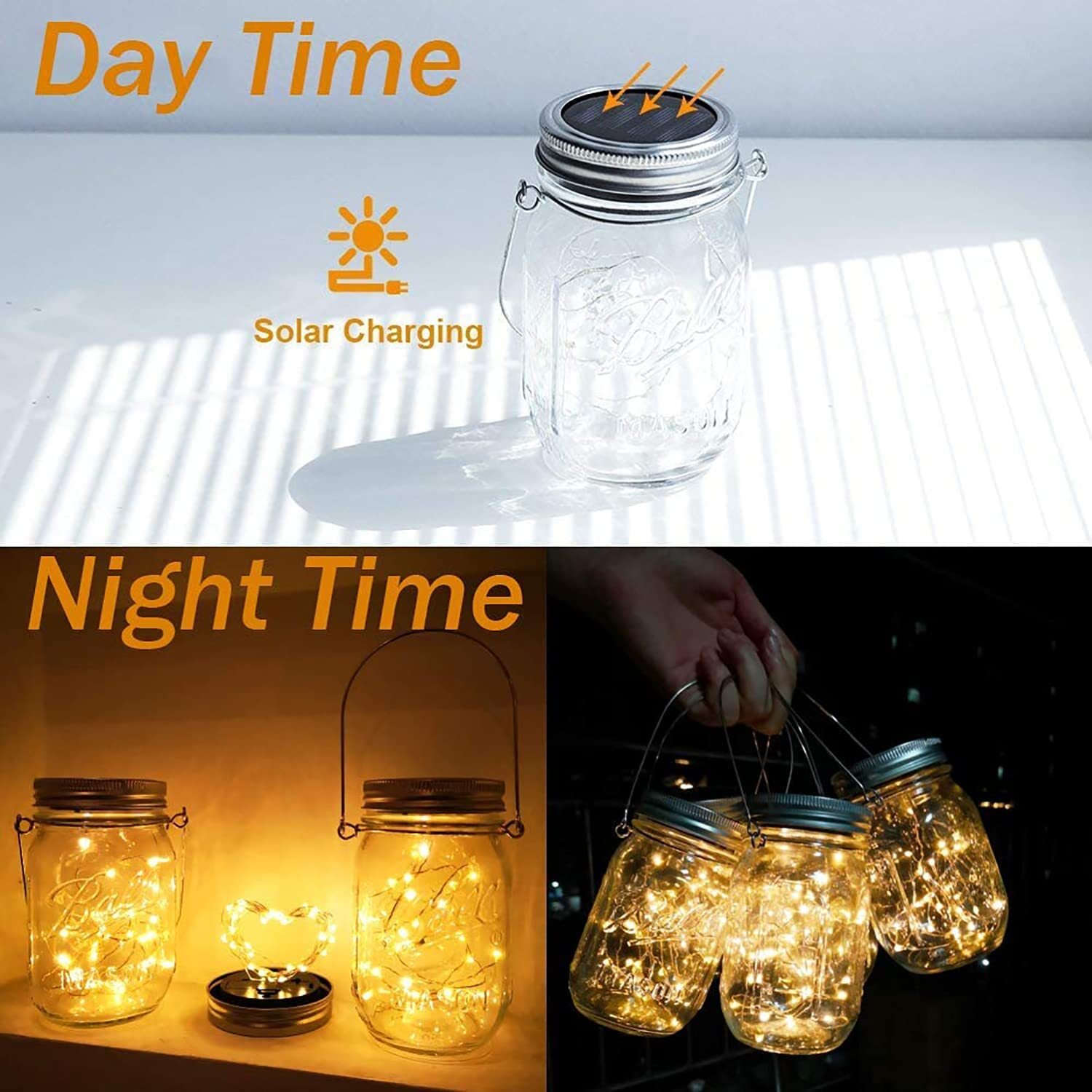 Solar Powered LED Mason Jar Lid Fairy String Lights Lamp Garden Party ...