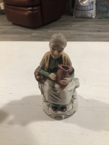 Vtg Old Eldery Lady Woman On Bench With Fruit And Pitcher Porcelain ...