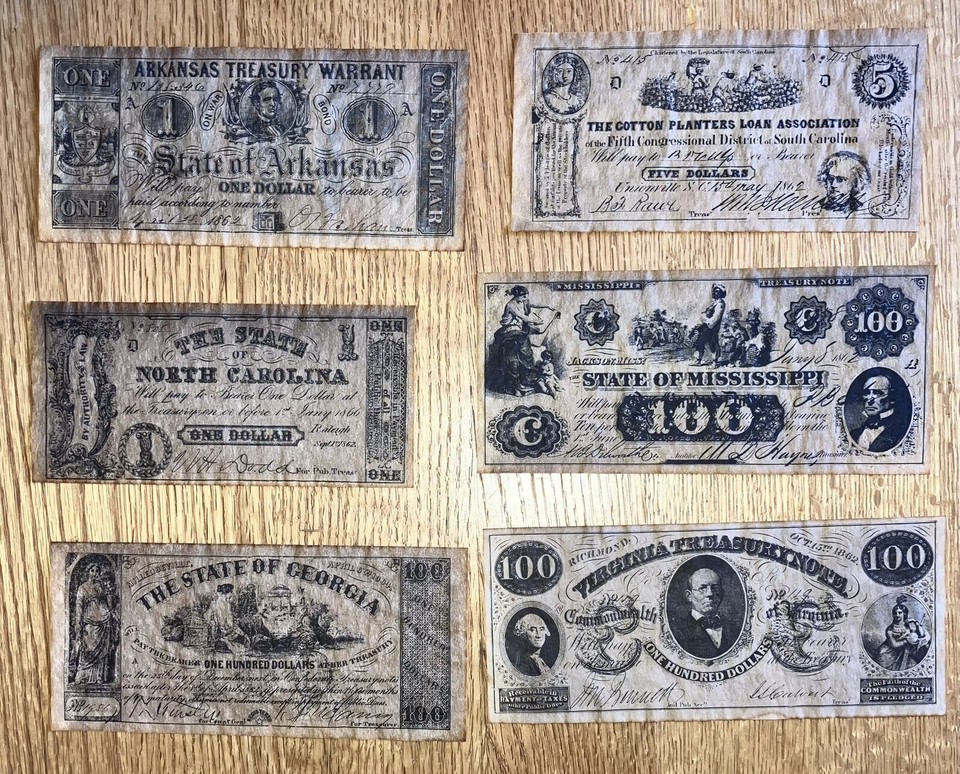 Confederate Currency Copies Antiqued Reproductions 6 Bills Set A 100s 5 ...