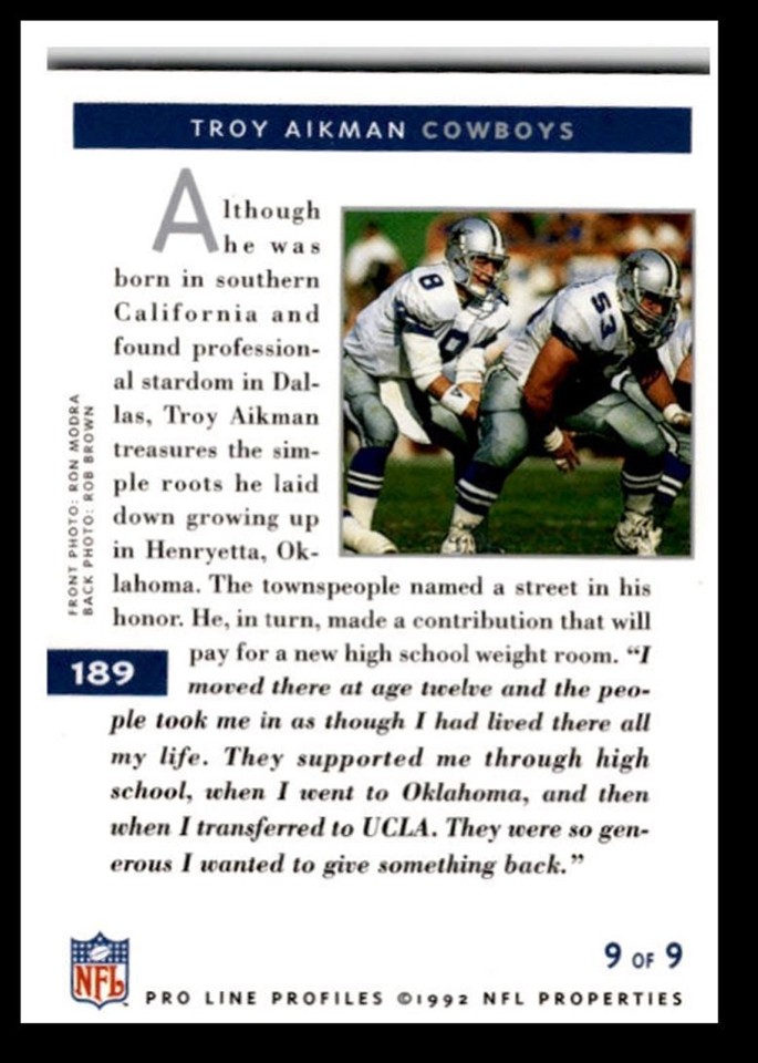 1992 Pro Line Profiles Troy Aikman , Dallas Cowboys #189 | eBay
