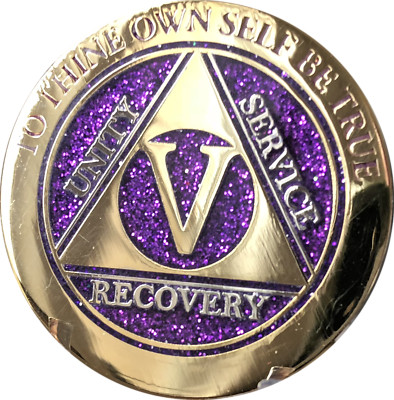5 Year AA Medallion Elegant Glitter Purple Gold Plated Sobriety Chip ...