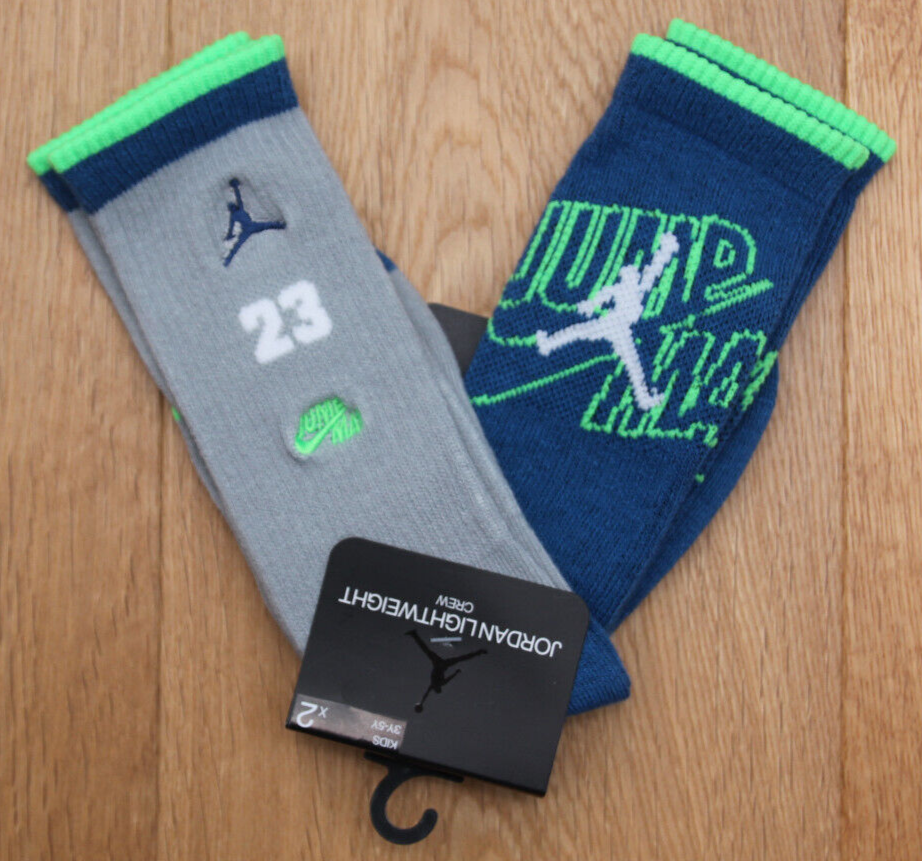 Air Jordan Boy 2 Pr Crew Socks~Gray, Blue, White, Neon Green~ 3Y-5Y ...