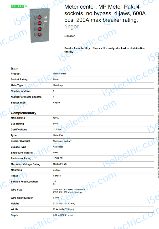 Square D EUSERC MP64200 600 Amp w/4 Gang 200A Meter 1PH 3W like WEP6412 ...