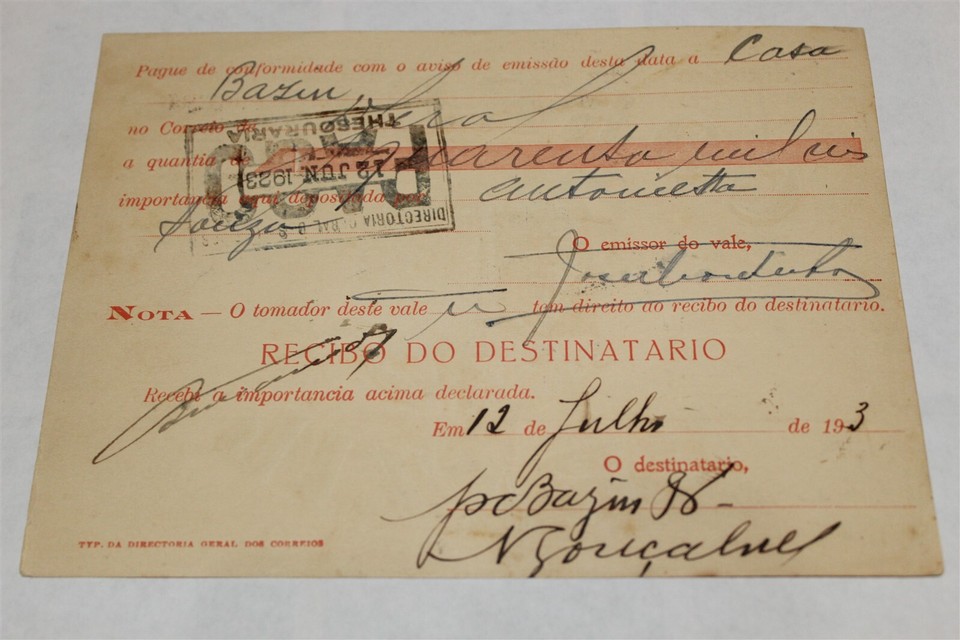 BRAZIL MONEY ORDER / PAYMENT RECEIPT 1923 W/ DEPOSITO REVENUE STAMPS #4 ...