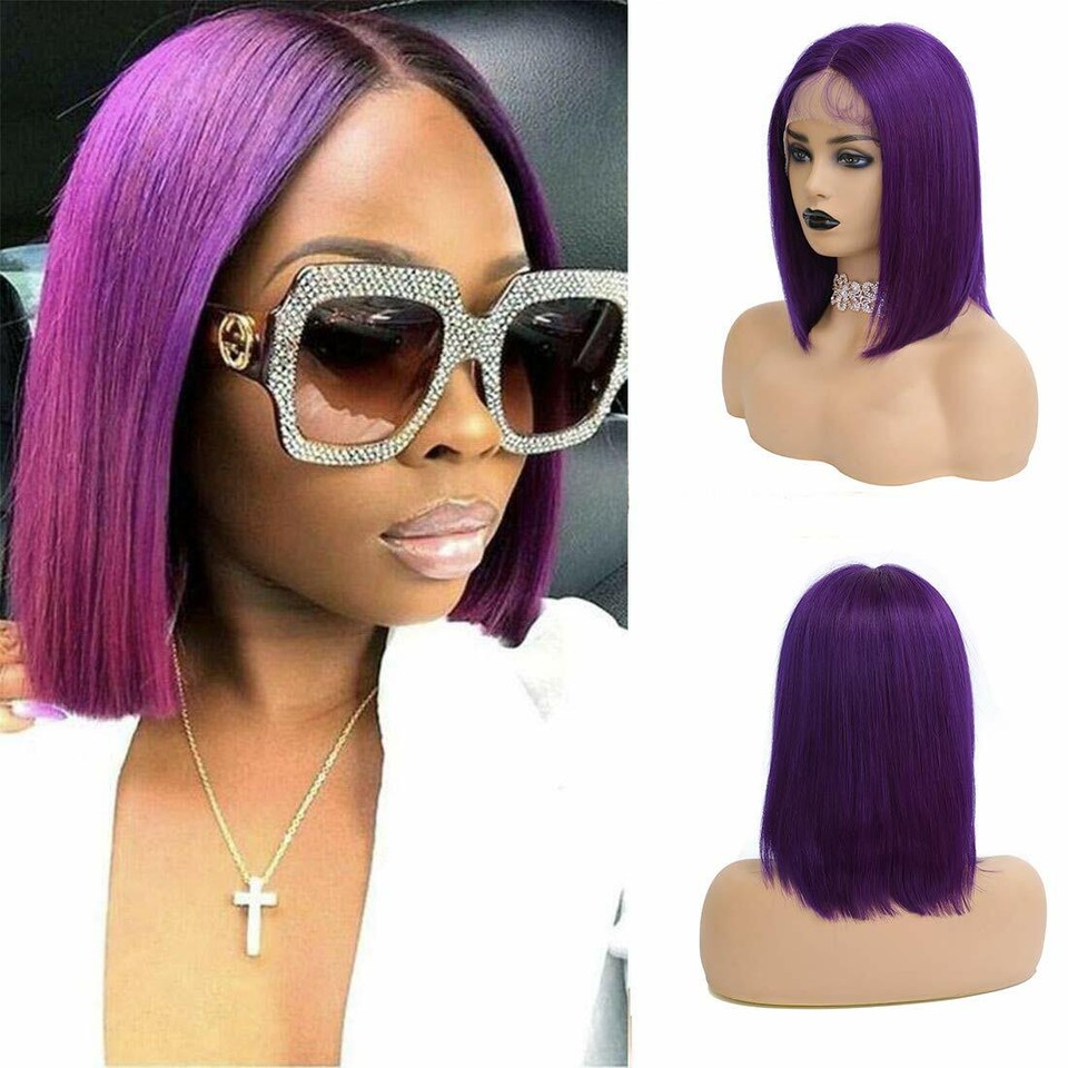 Short Bob Dark Purple Human Hair Wigs Straight 13x1x4 T Part Lace Front ...
