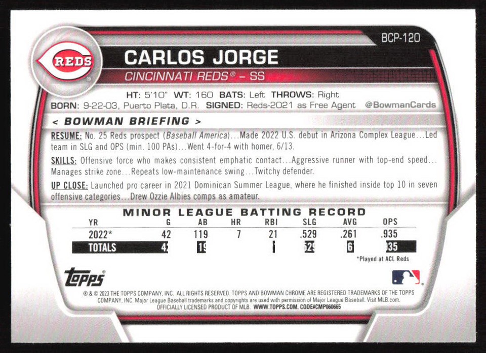 2023 Bowman Chrome Carlos Jorge #BCP-120 Prospect 1st Cincinnati Reds ...