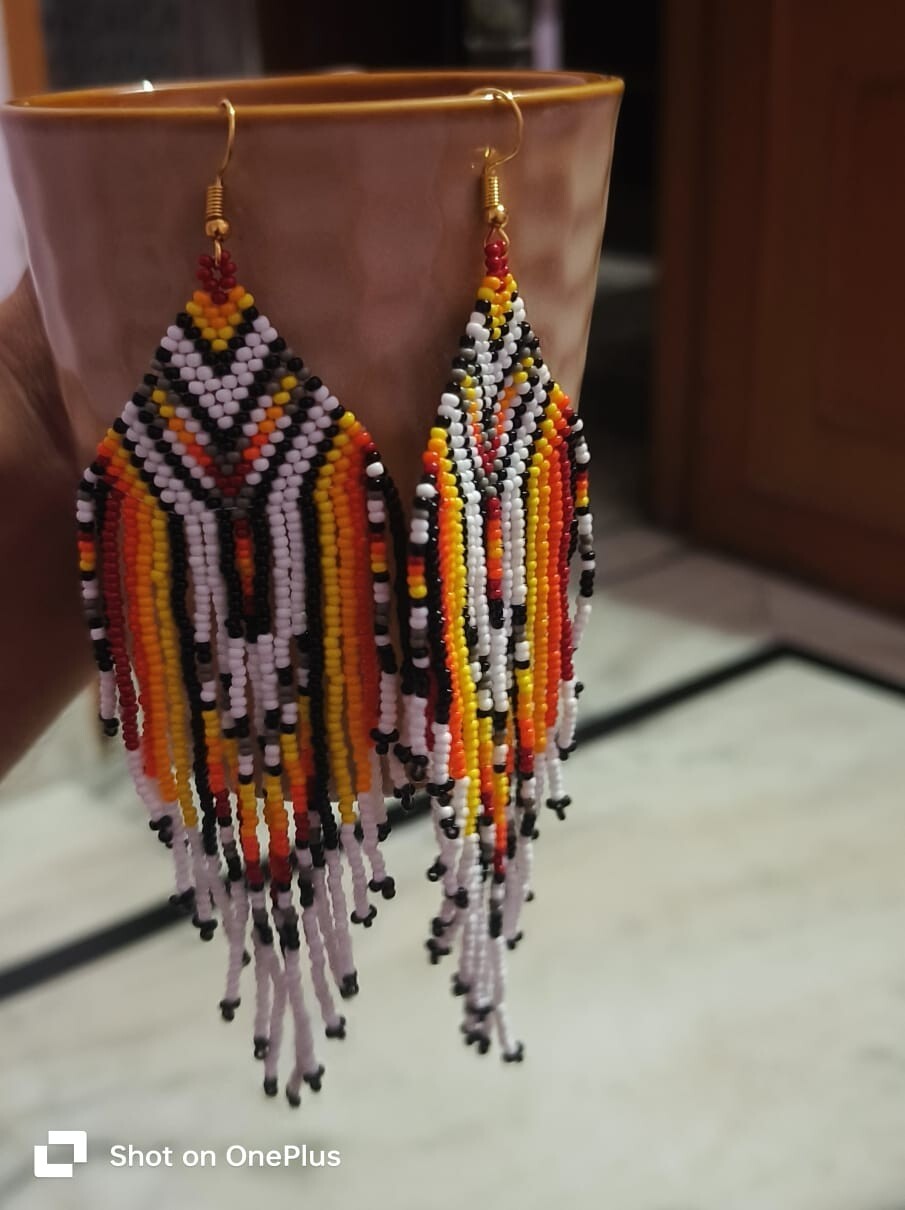 Tribal Earrings Native Large Boho American Seed Beads Handmade Earring ...
