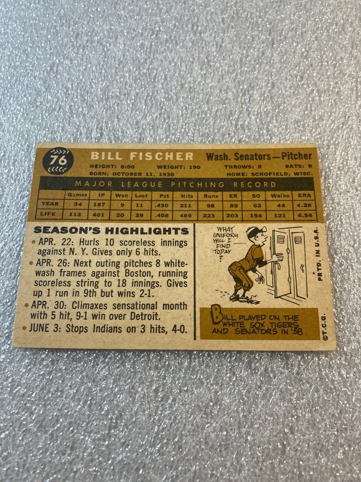 1960 Topps - #76 Bill Fischer - Washington Senators VG~L-52 | eBay