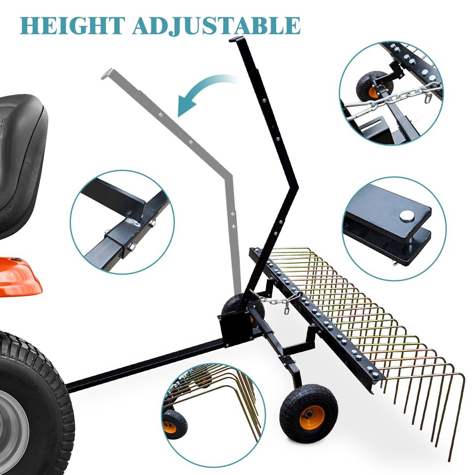 Lawn Tractor Rake 60 inch Dethatcher Tow Behind Rake for ATV Pine Straw ...