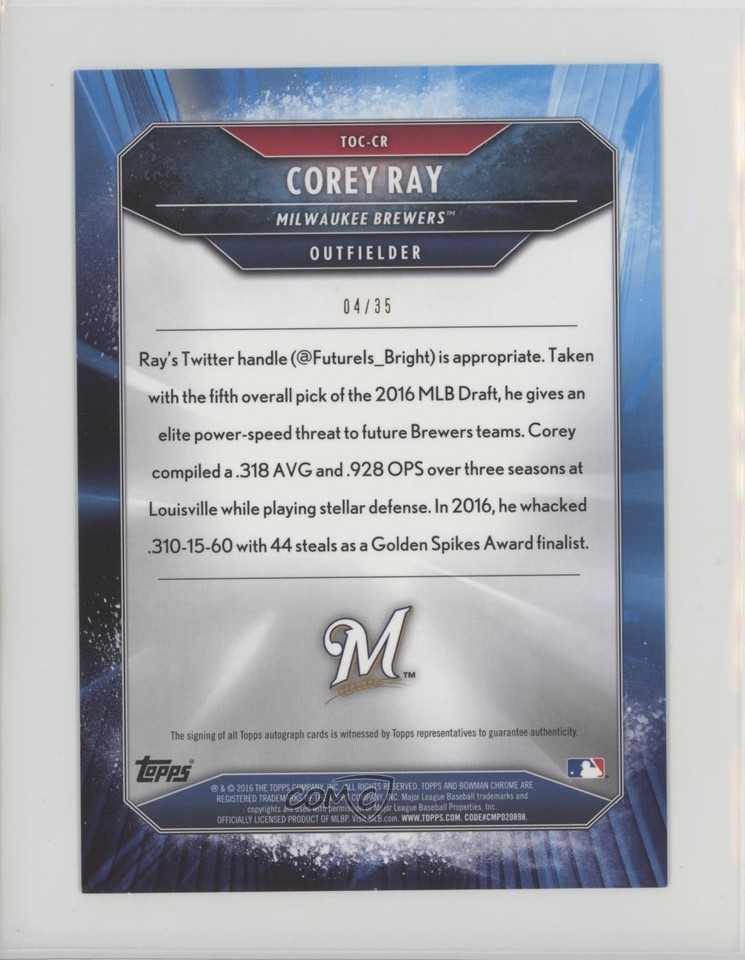 2016 Bowman Draft Box Topper Top of the Class Refractor /35 Corey Ray ...