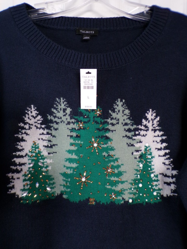 NWT NEW TALBOTS SZ LARGE CHRISTMAS TREE SWEATER NAVY GREEN MULTI $139. ...